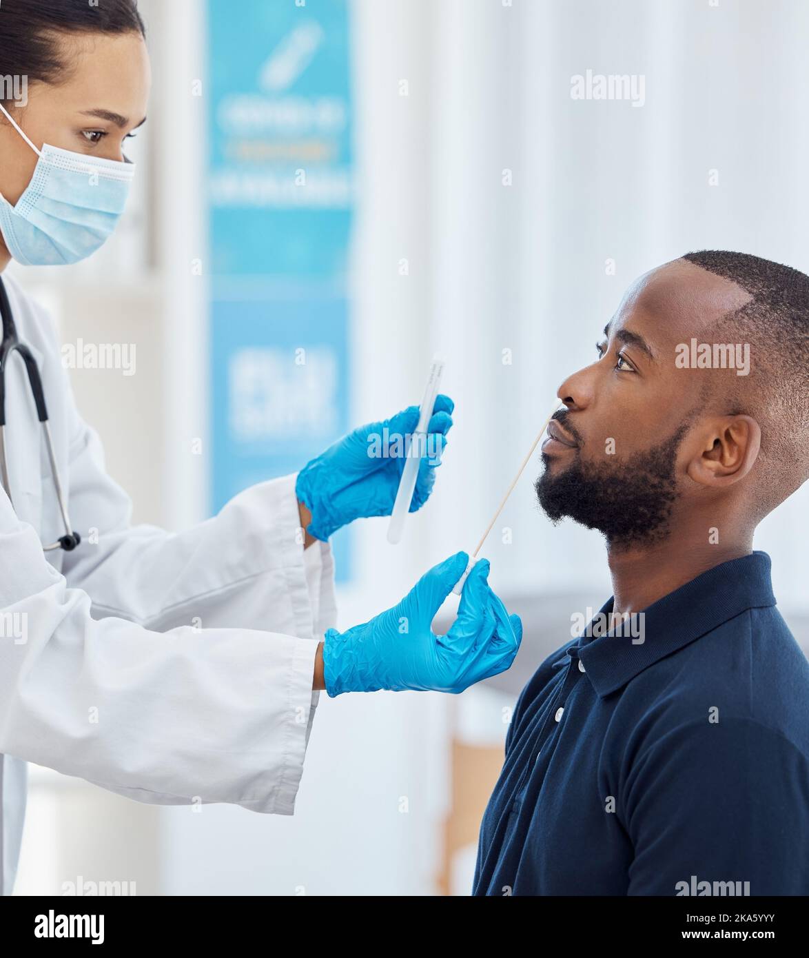 Covid, medical and test with man and doctor for pharmacy, medicine and ...