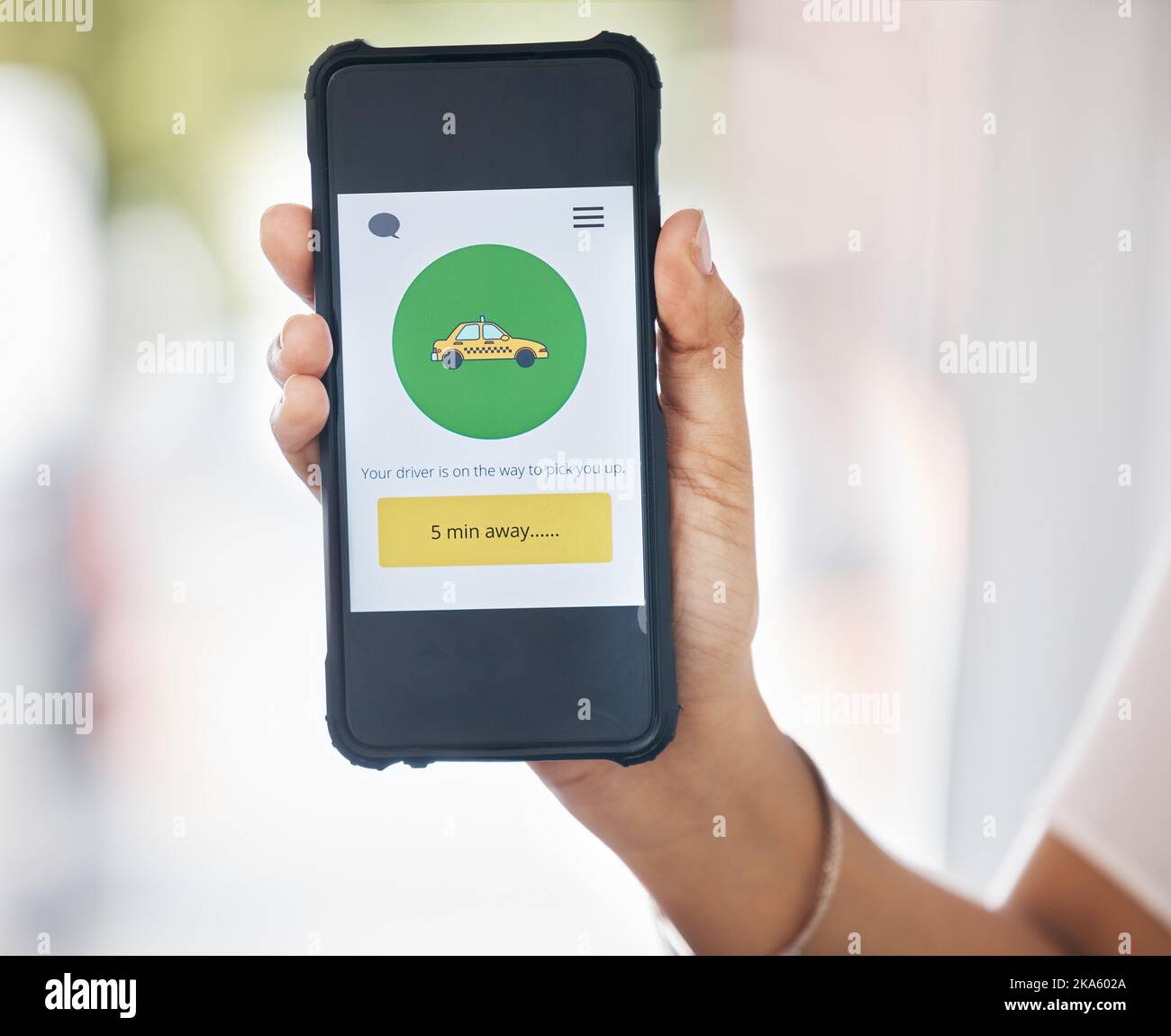 Hands, phone screen and taxi app for traveling, car and driver booking ...