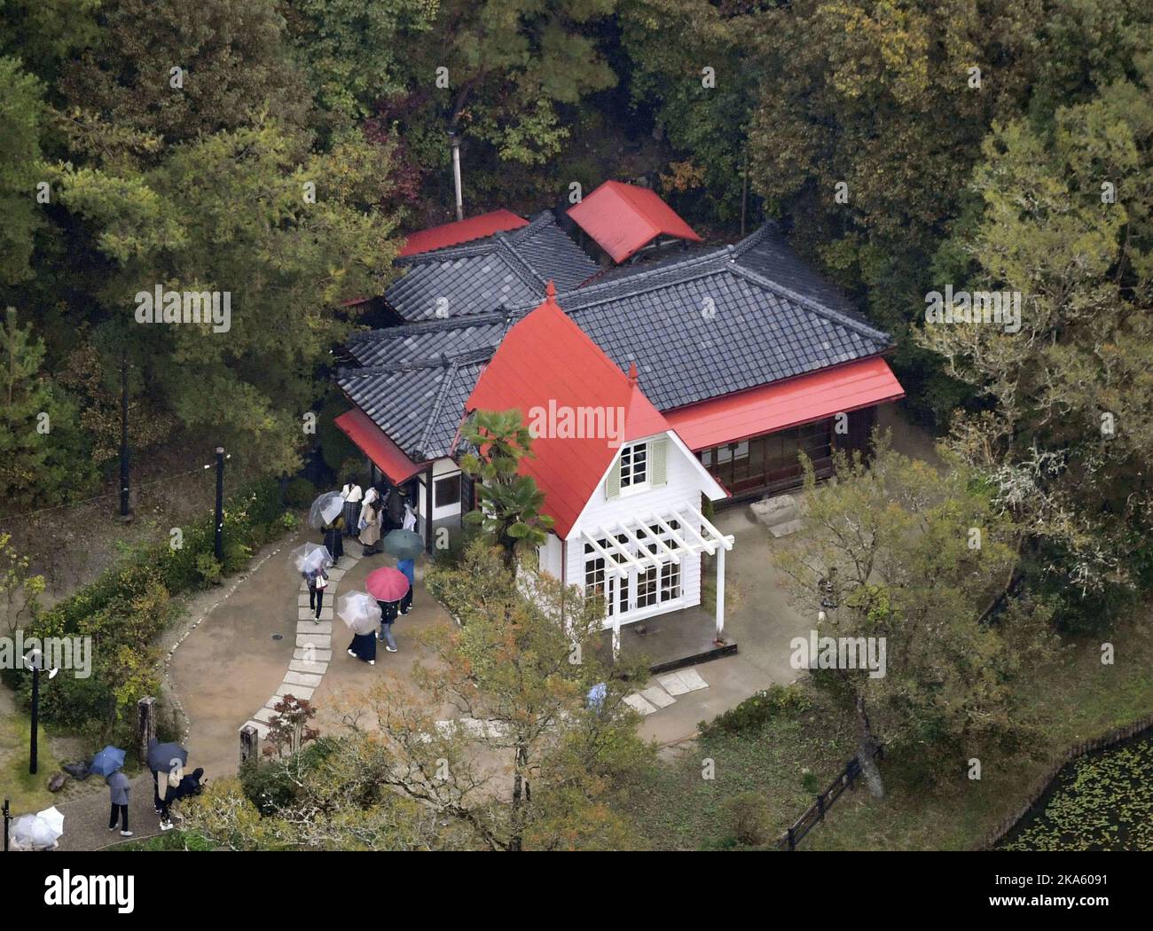 Photo taken from a Kyodo News helicopter shows a life-sized recreation of Satsuki and Mei's ...