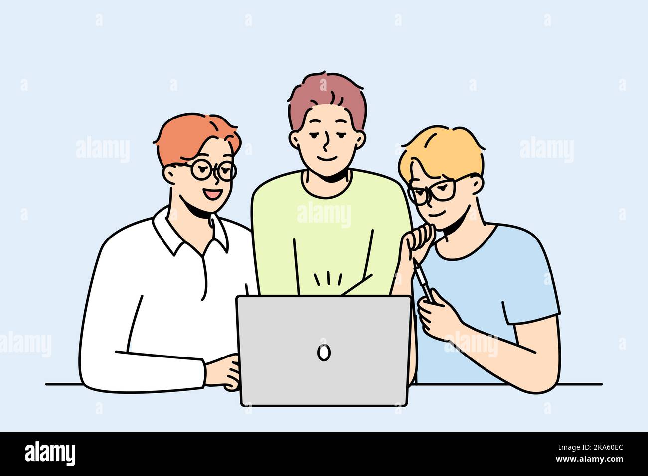 Smiling Male Colleagues Look At Computer Screen Brainstorming Together Happy Coworkers