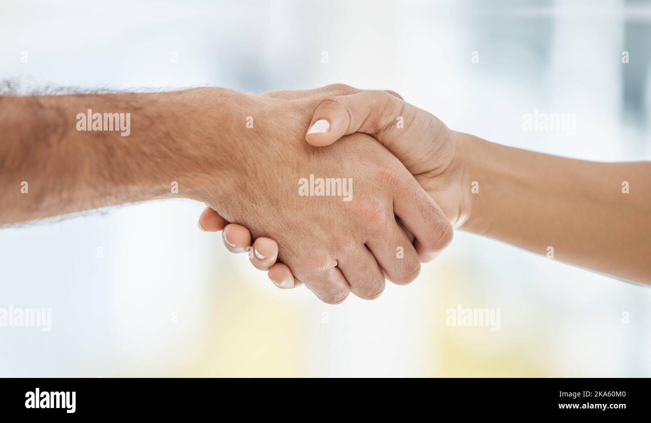 Businessman, woman and handshake in teamwork collaboration, b2b ...