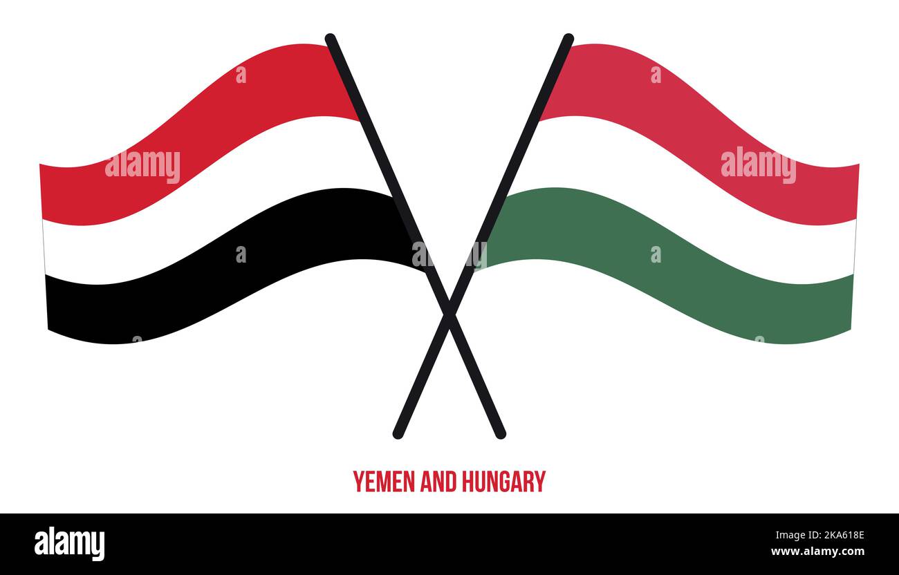Yemen and Hungary Flags Crossed And Waving Flat Style. Official ...