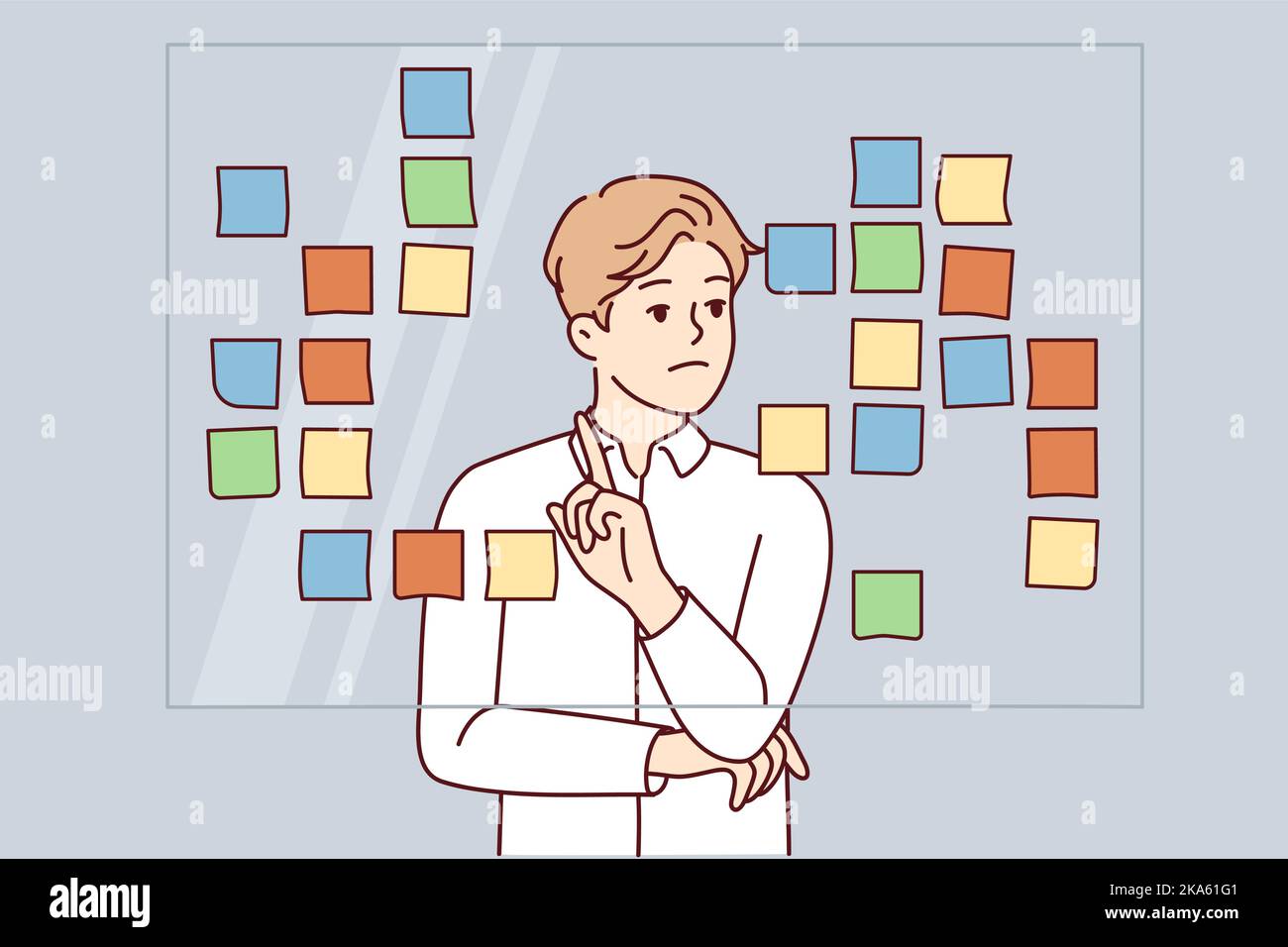 Businessman stand near board brainstorm work with sticky notes. Male ...