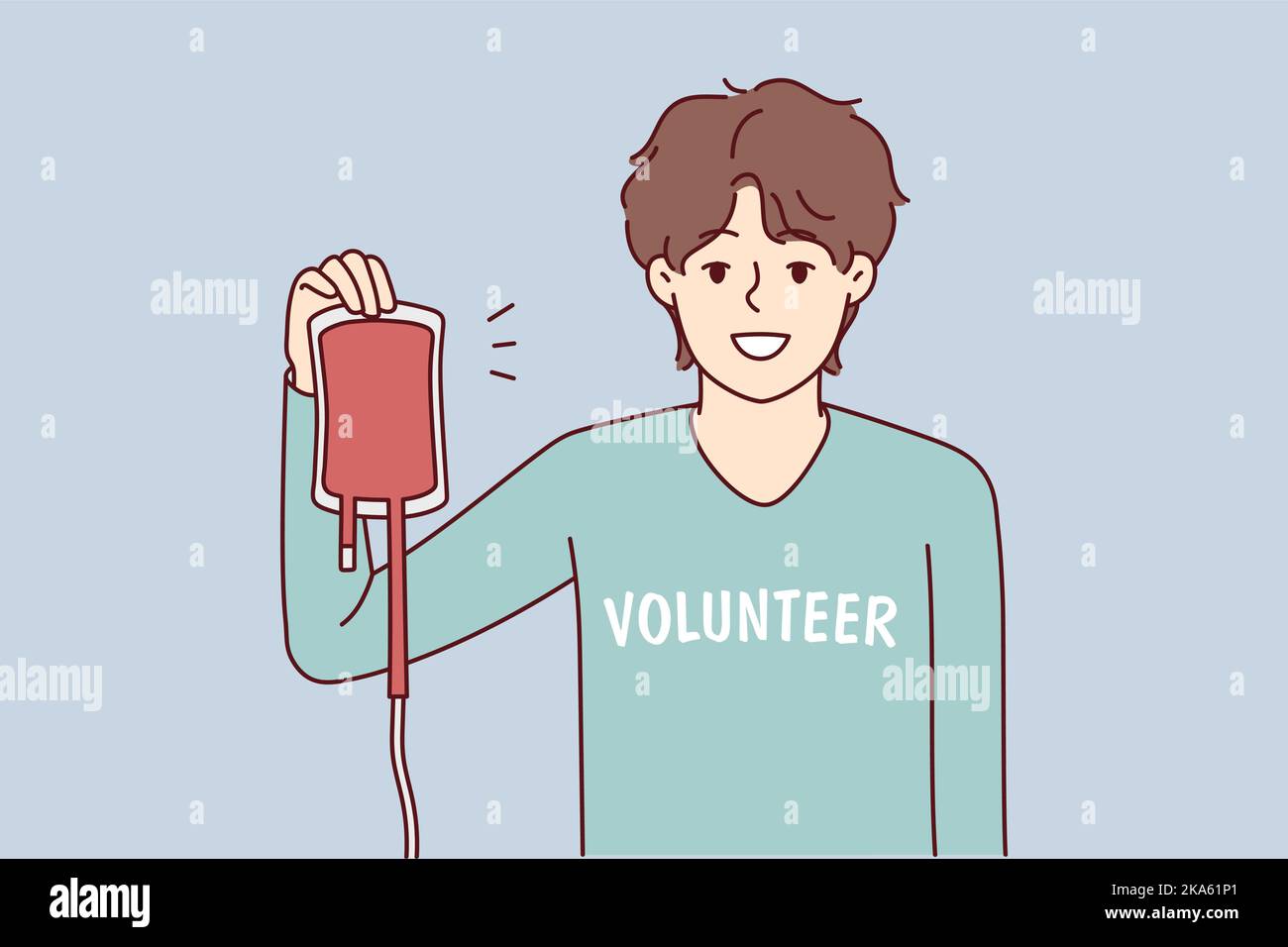 Smiling man volunteer holding bag of blood donating to people in need ...