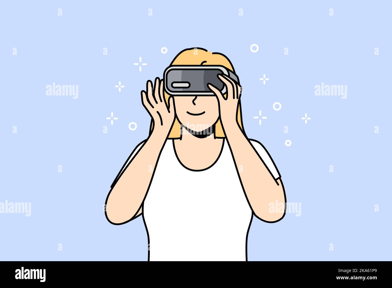 Smiling woman in VR glasses explore new horizons. Happy girl in virtual ...