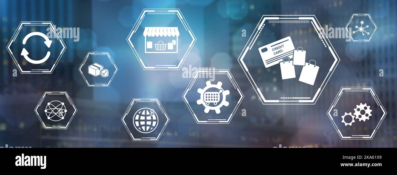 Concept of purchase with icons on blurred dark background Stock Photo ...