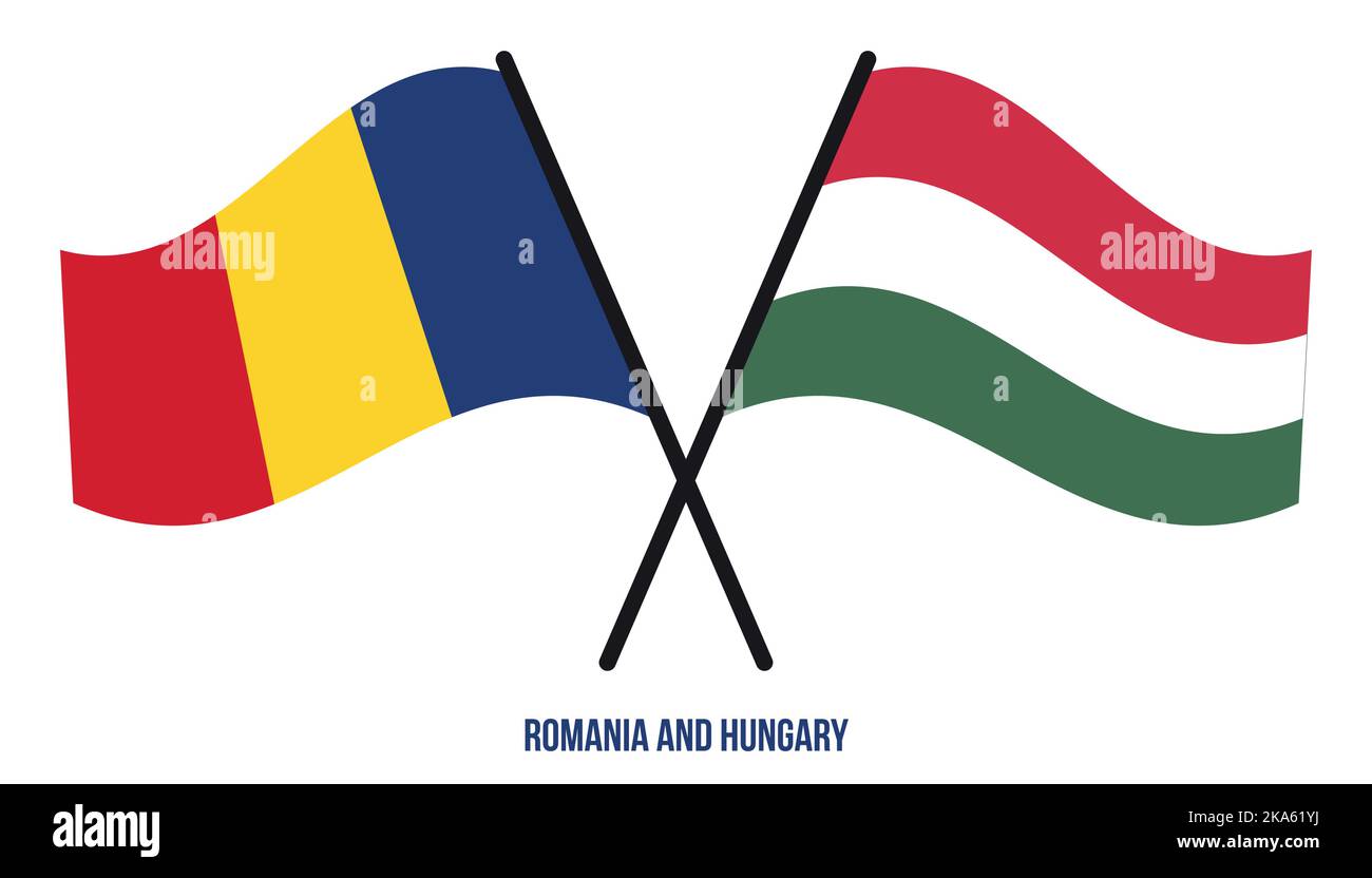 Romania and Hungary Flags Crossed And Waving Flat Style. Official ...