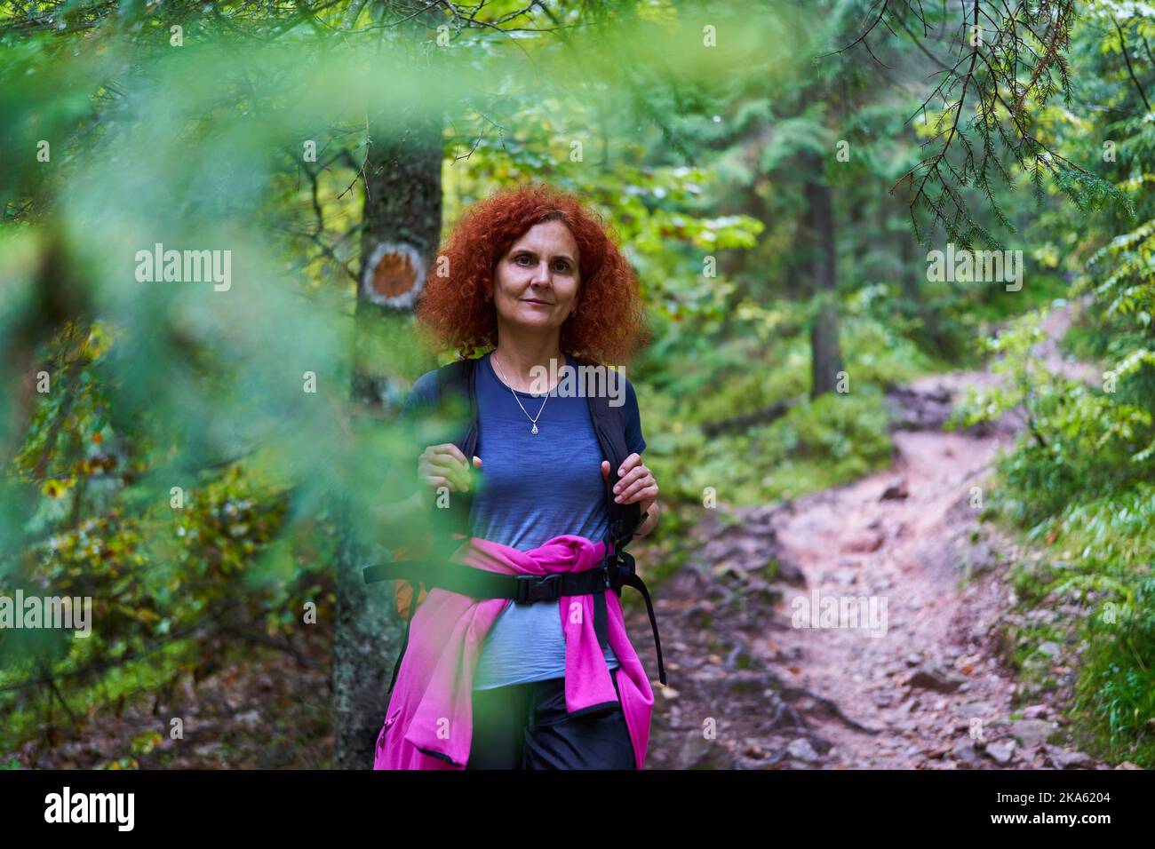 Woman backpacking on a hiking trail in the mountains Stock Photo - Alamy
