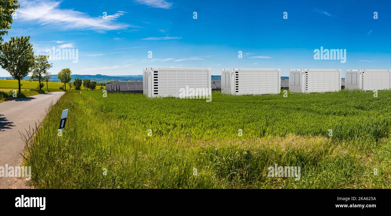 A modern solarfield with battery storage in the nature Stock Photo - Alamy