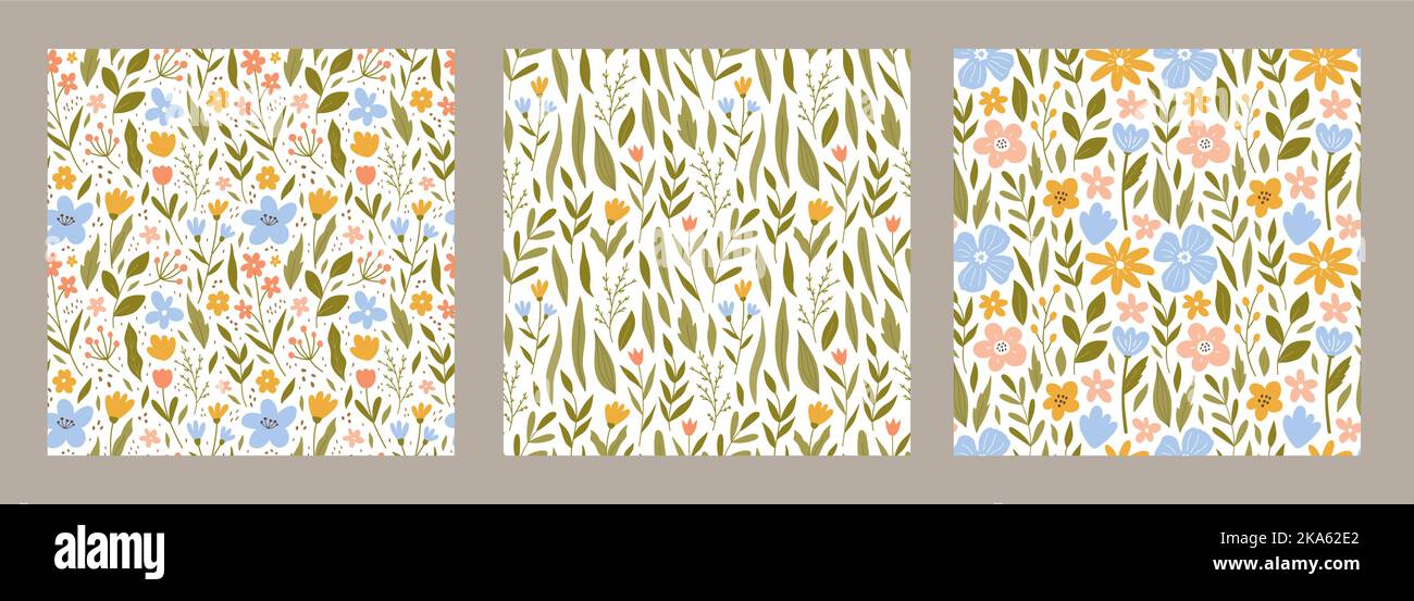 Set of botanical seamless patterns with meadow flowers, leaves, branches. Vector illustration in ...