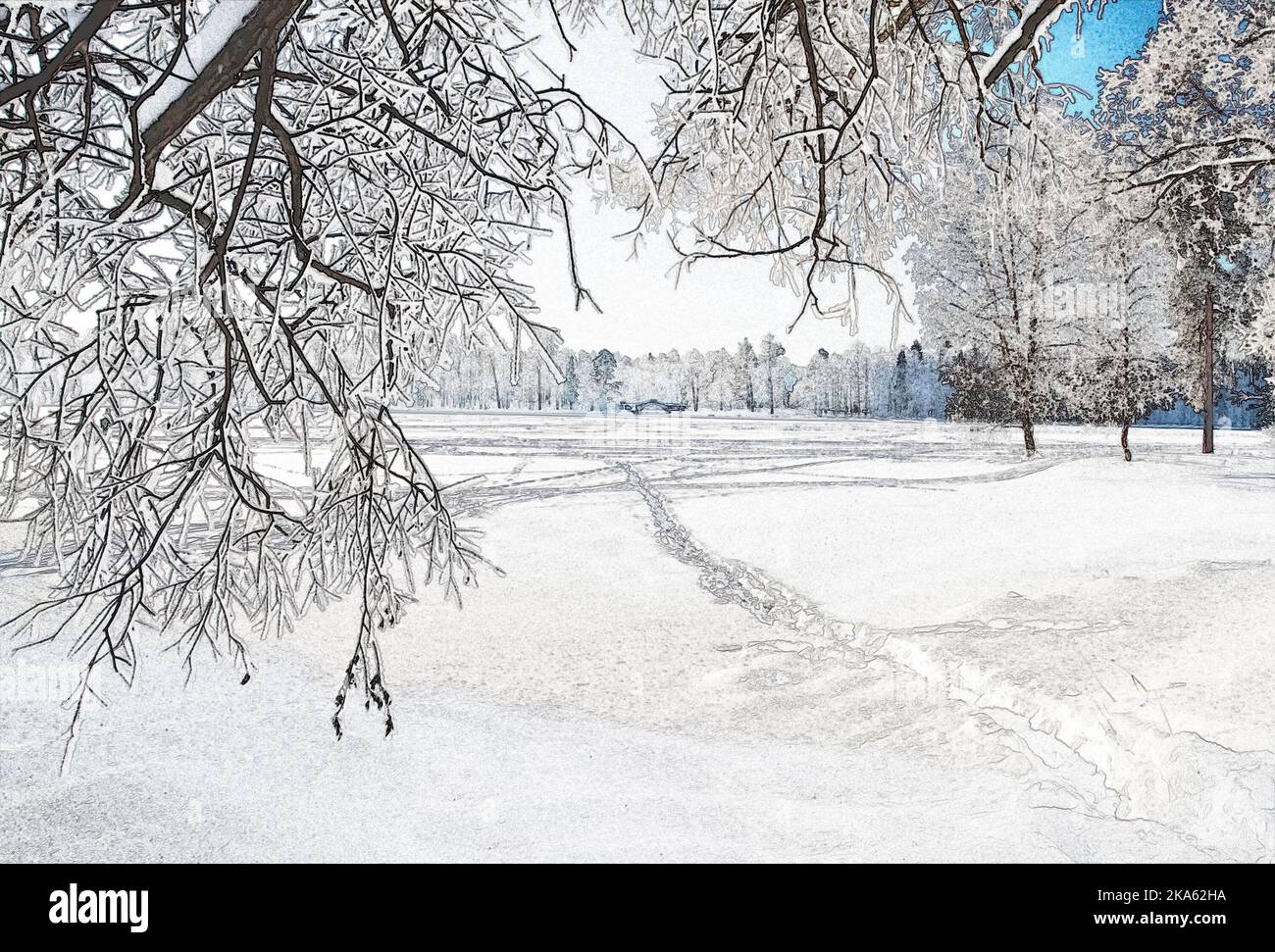 Digital painting of a beautiful winter landscape. Cold nature outdoor ...