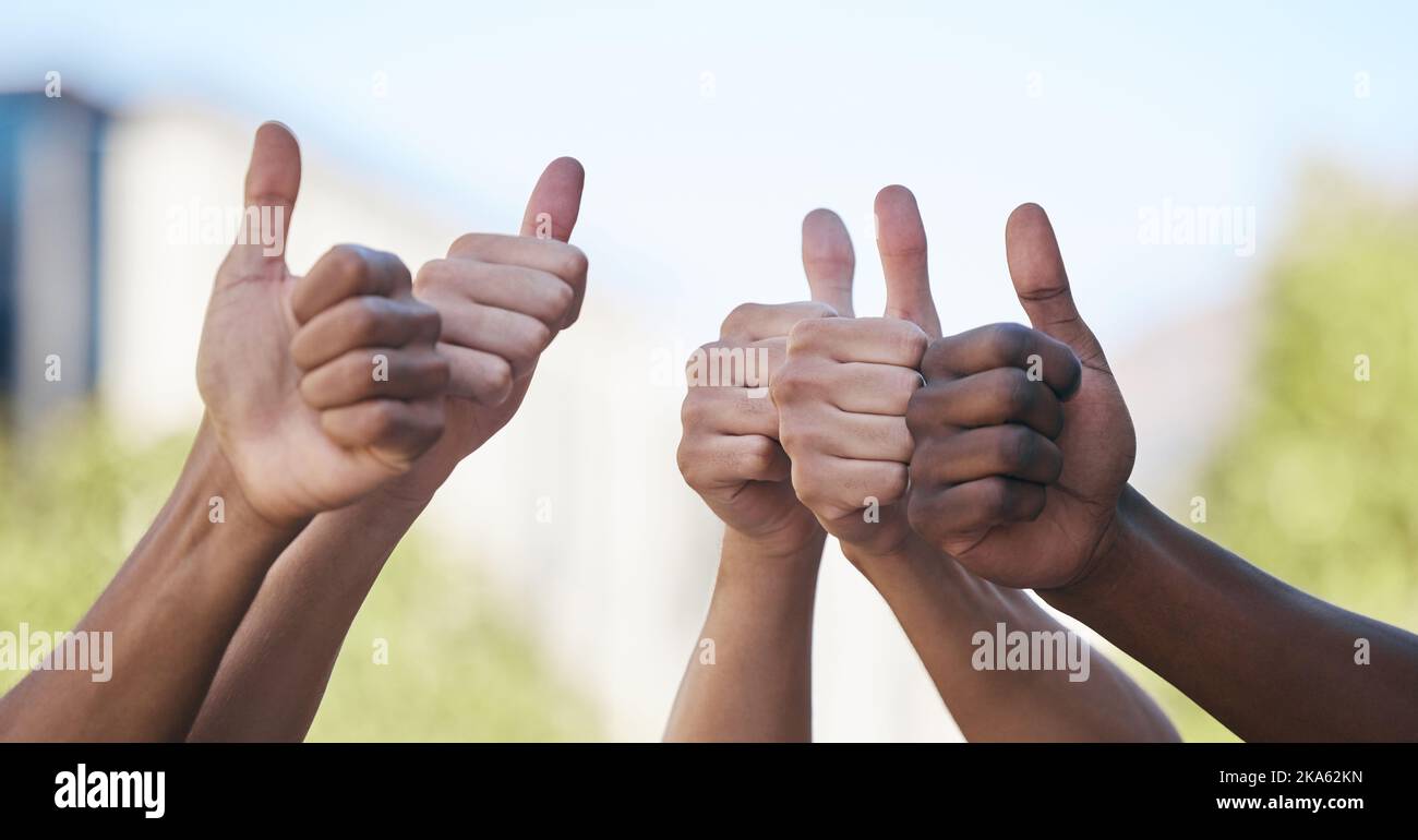 Thumbs up group sport, team support outdoor and diversity solidarity in ...