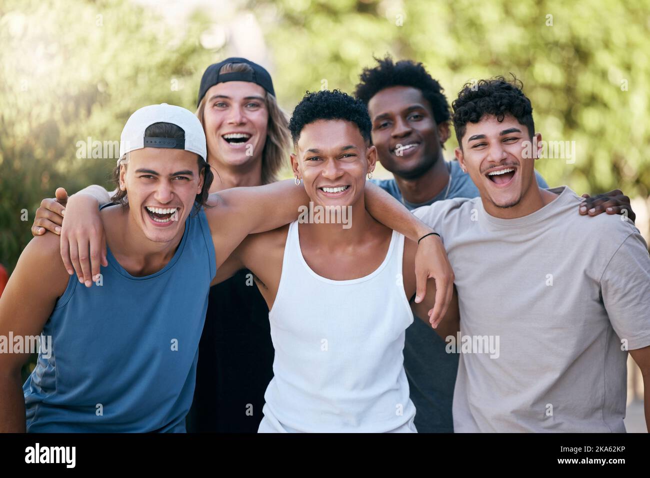 Men, laughing and bonding on sports court in fitness, workout or ...