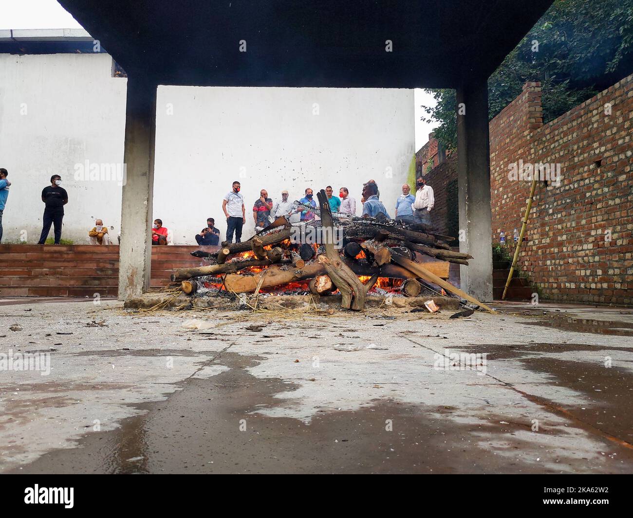 September 2nd 2021 Haridwar, India. shot of pyre burning at a cremation ...