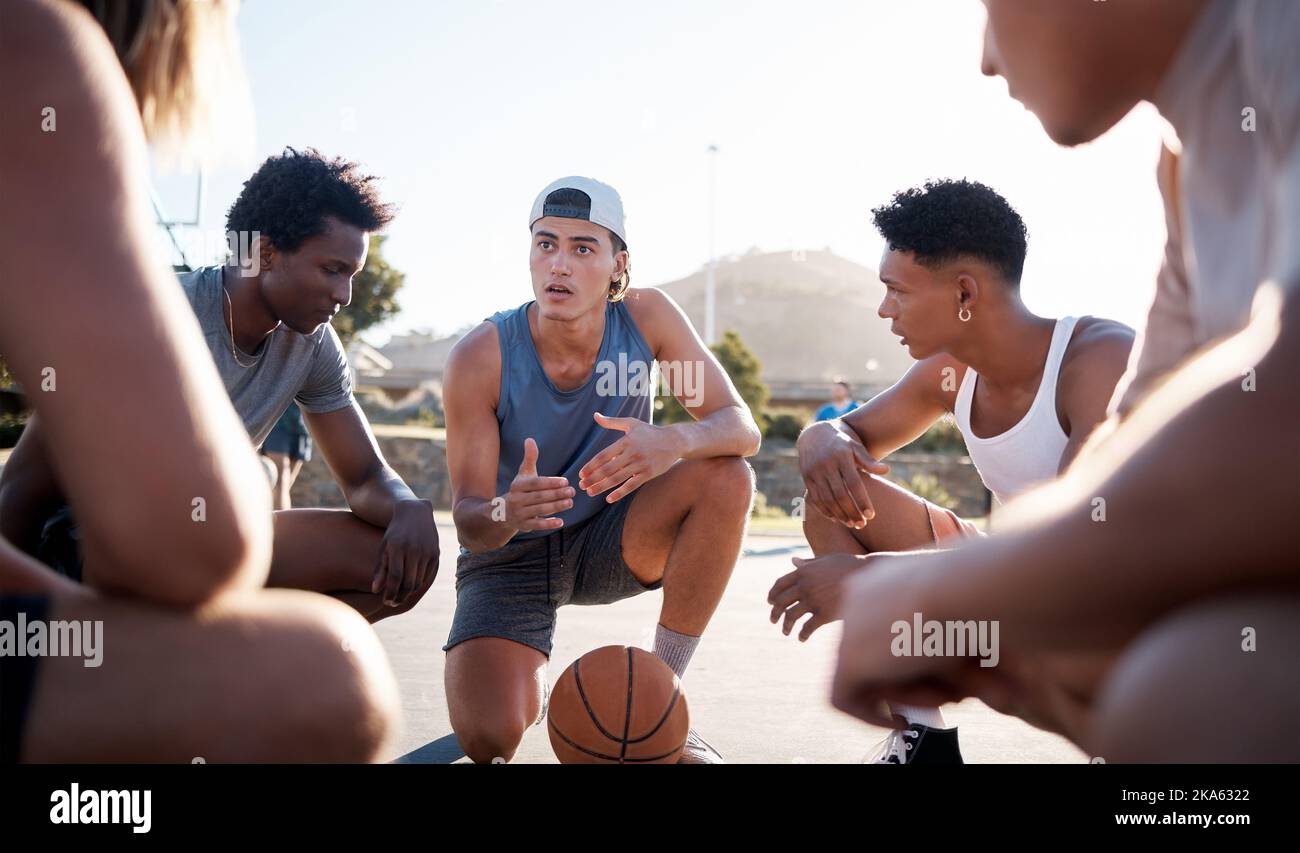 Motivation, leadership and men in a huddle on basketball court in a ...
