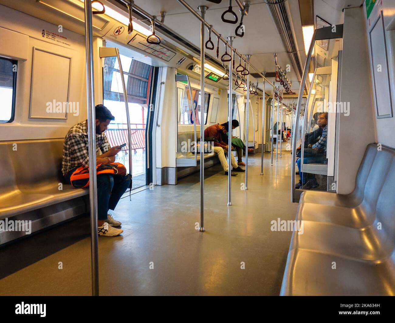 November 2nd 2019 New Delhi India. Almost empty Inside of a Delhi Metro ...