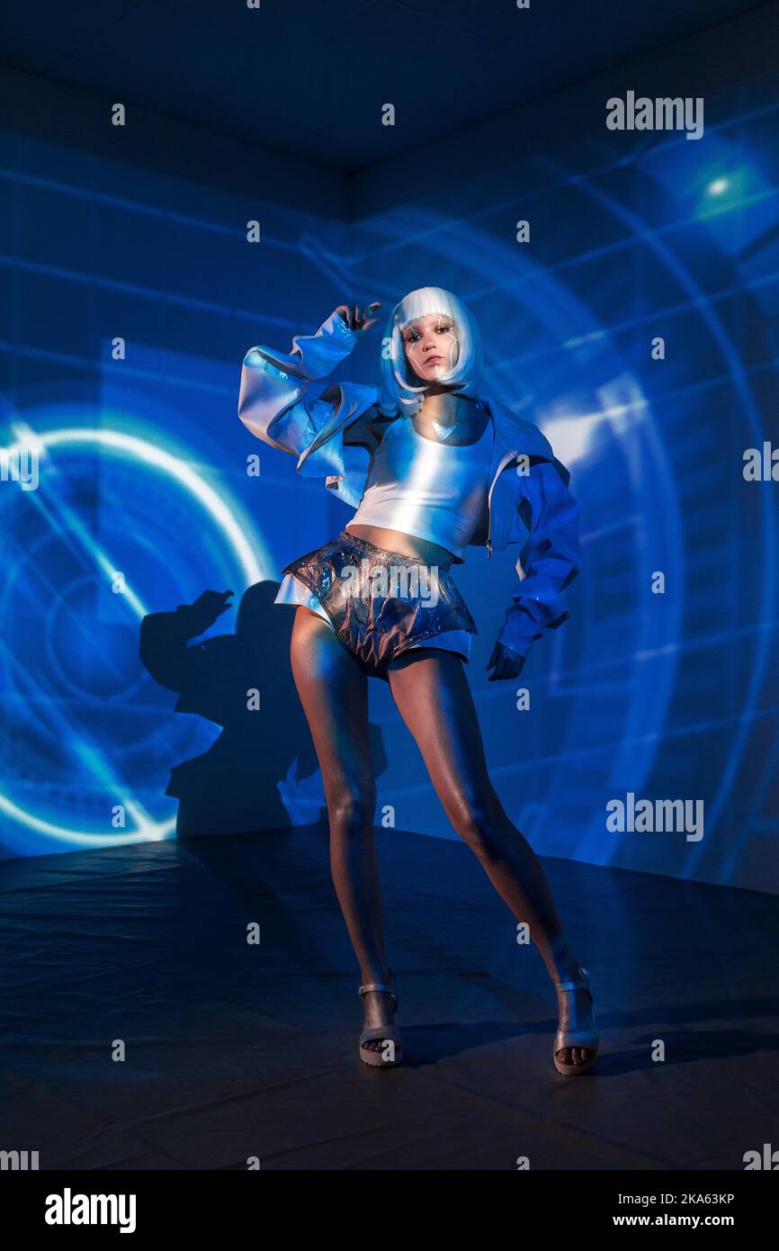 Cyber fashion woman on abstract techno background. AI concept. VR Stock ...