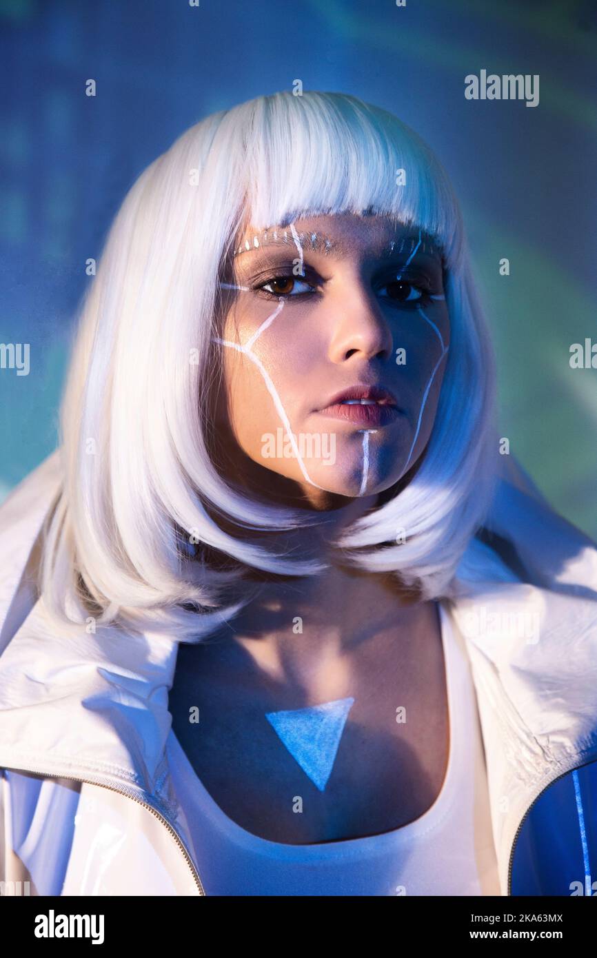 Woman avatar having virtual reality experience. Augmented reality game ...