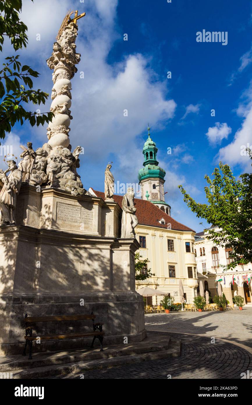 Holy Trinity statue (1701) and Firewatch Tower, Fo ter, Sopron, Hungary ...