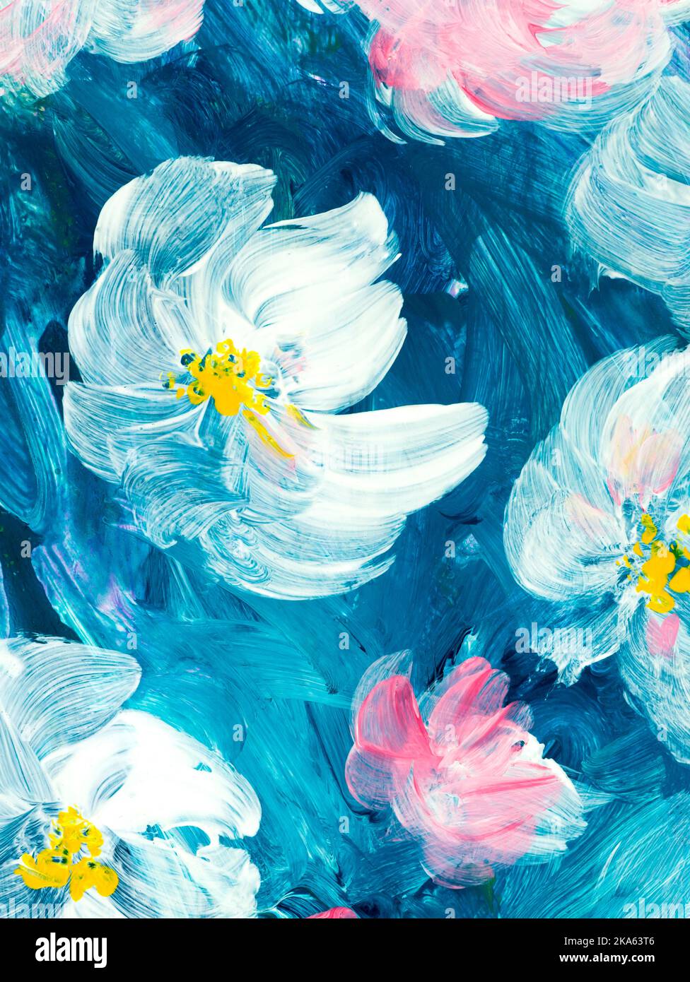Abstract painting white flowers on blue, original hand drawn ...