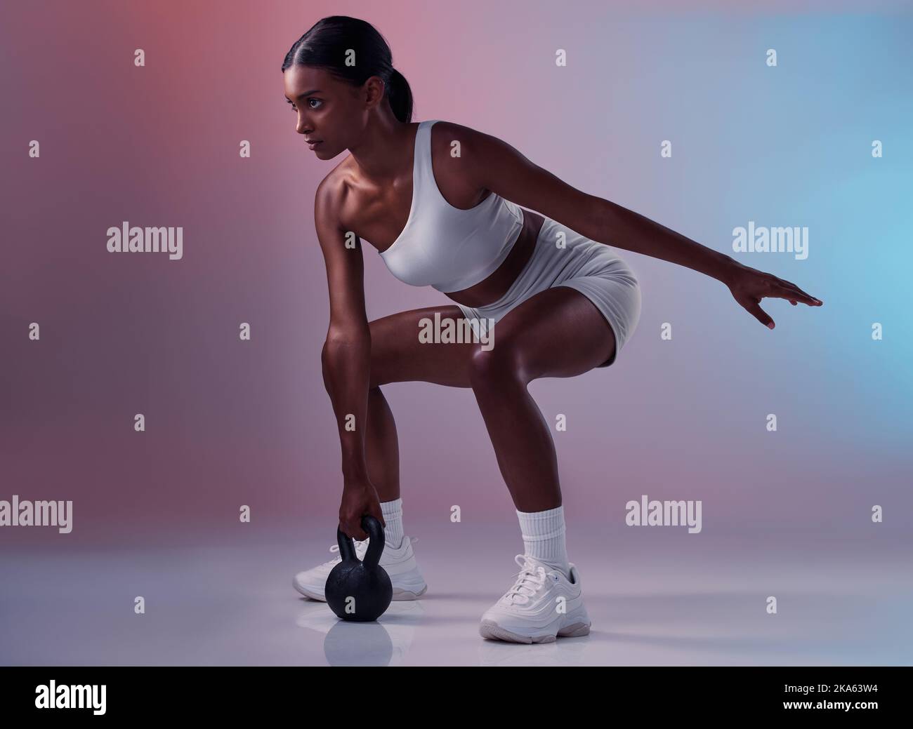 Fitness, kettlebell and woman training in studio for full body balance ...