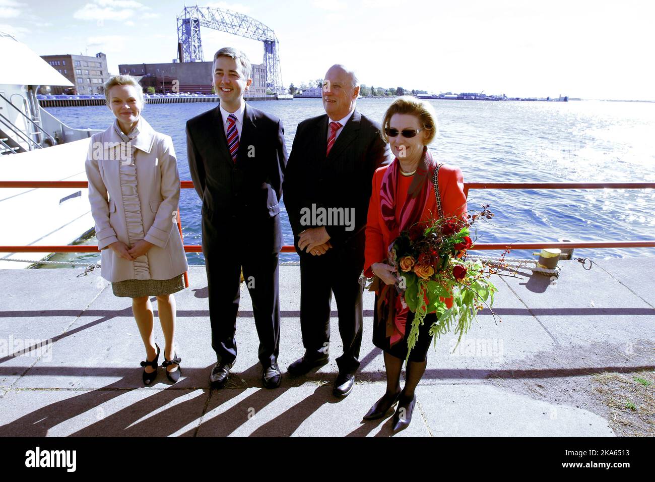 R-L Queen Sonja, King Harald, Mayor Don Ness and his wife Laura seen ...