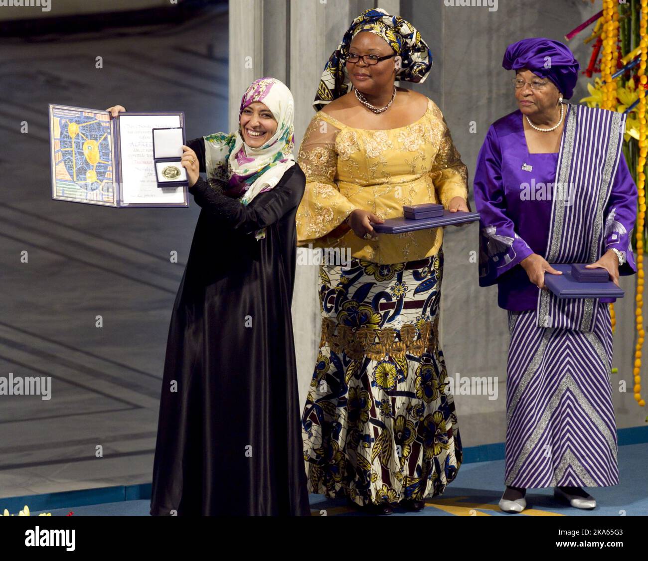 OSLO 20111210. Nobel Peace Prize 2011 ceremony. Prize laureates with ...