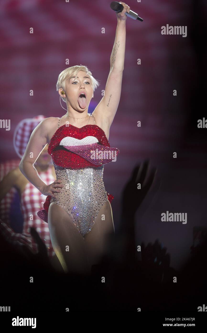 Fornebu, Norway 20140528. Miley Cyrus on stage during a concert in the ...