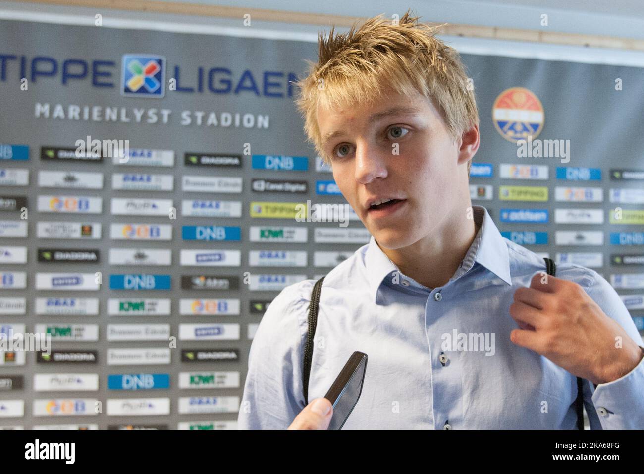 Stromsgodset IF's Martin Odegaard during a post-match interview Stock ...
