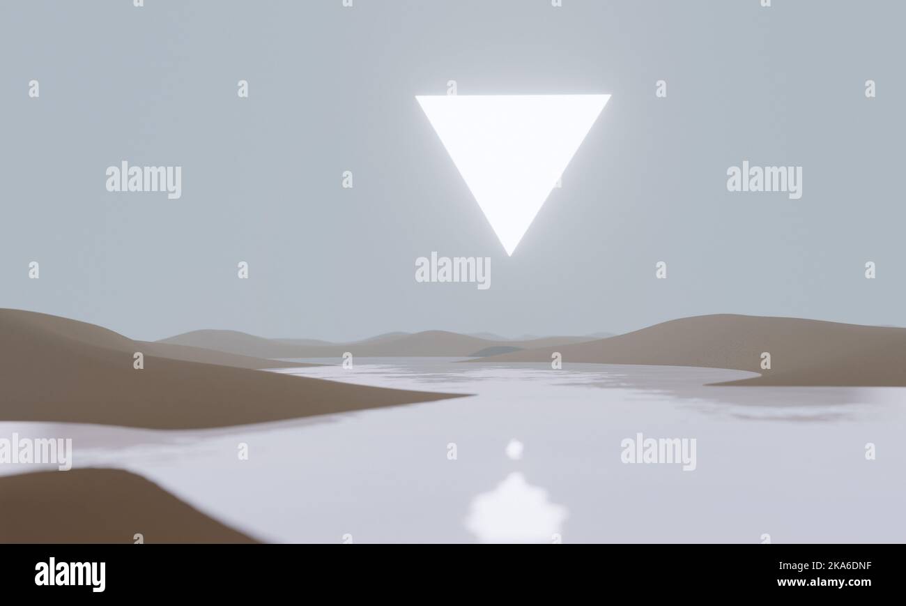 Surreal desert landscape with shiny triangle. 3D rendering Stock Photo ...