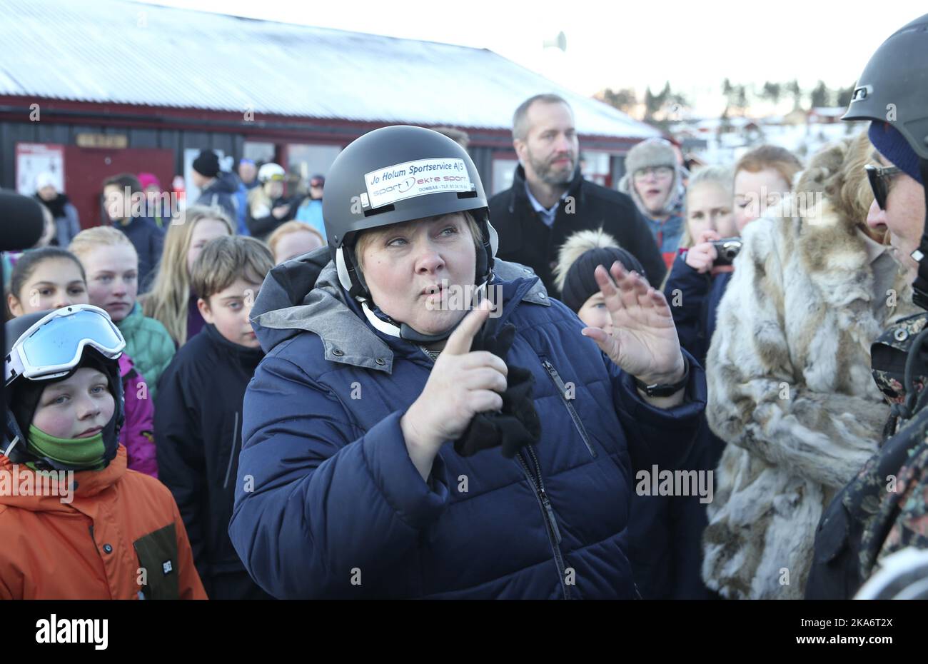 Dombaas, Norway 20170207. Prime Minister Erna Solberg with helmet on ...