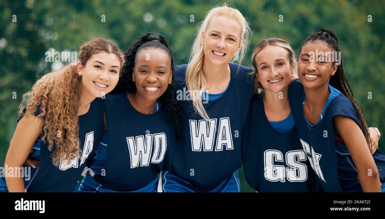 Sports, teamwork and netball with portrait of women for. training ...