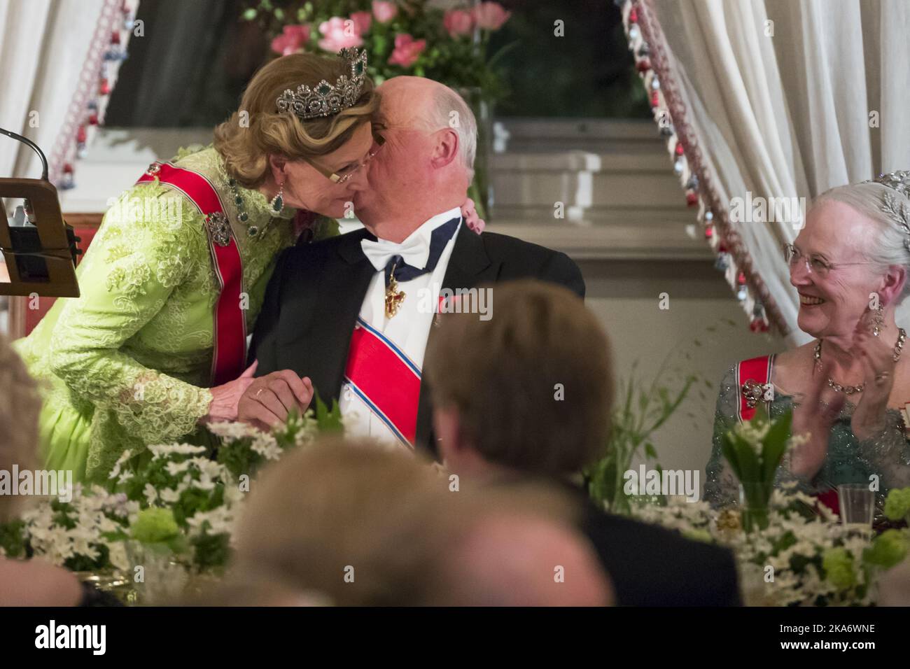 Oslo, Norway 20170509. Queen Sonja gives a hug to King Harald after her ...