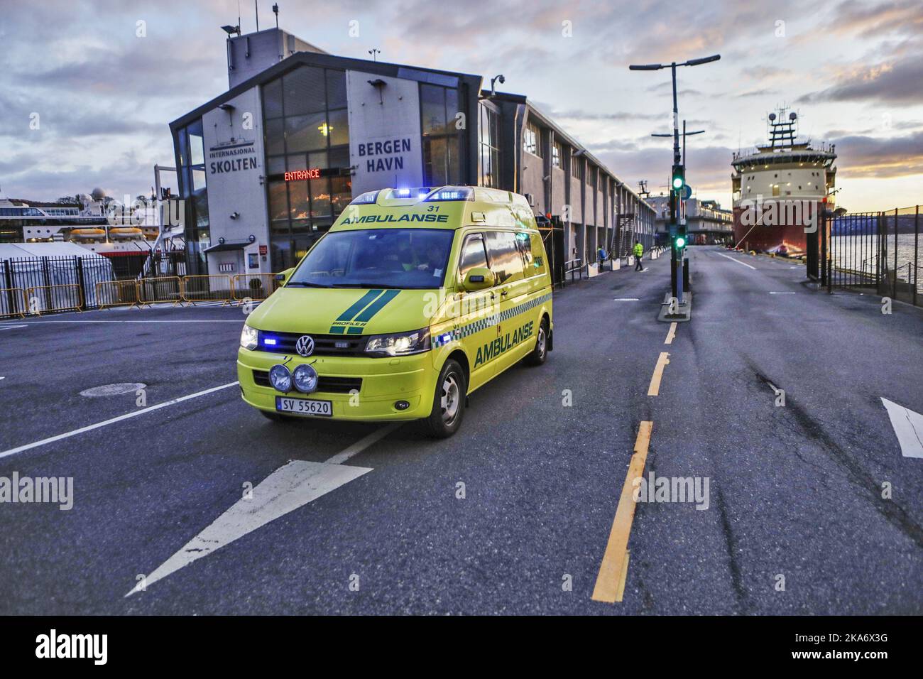 An ambulance outside Bergen Harbour after a helicopter crashed during ...