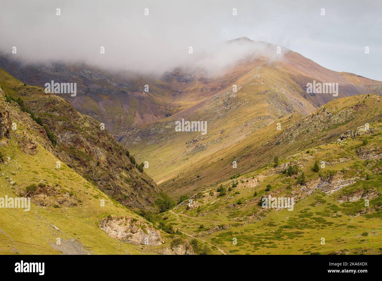 Cloudy day in a Spanish Pyrenees mountain, near Vall de Nuria valley ...