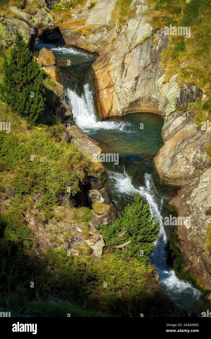 Nice mountain creek waterfalls in a Spanish Pyrenees mountain, near ...
