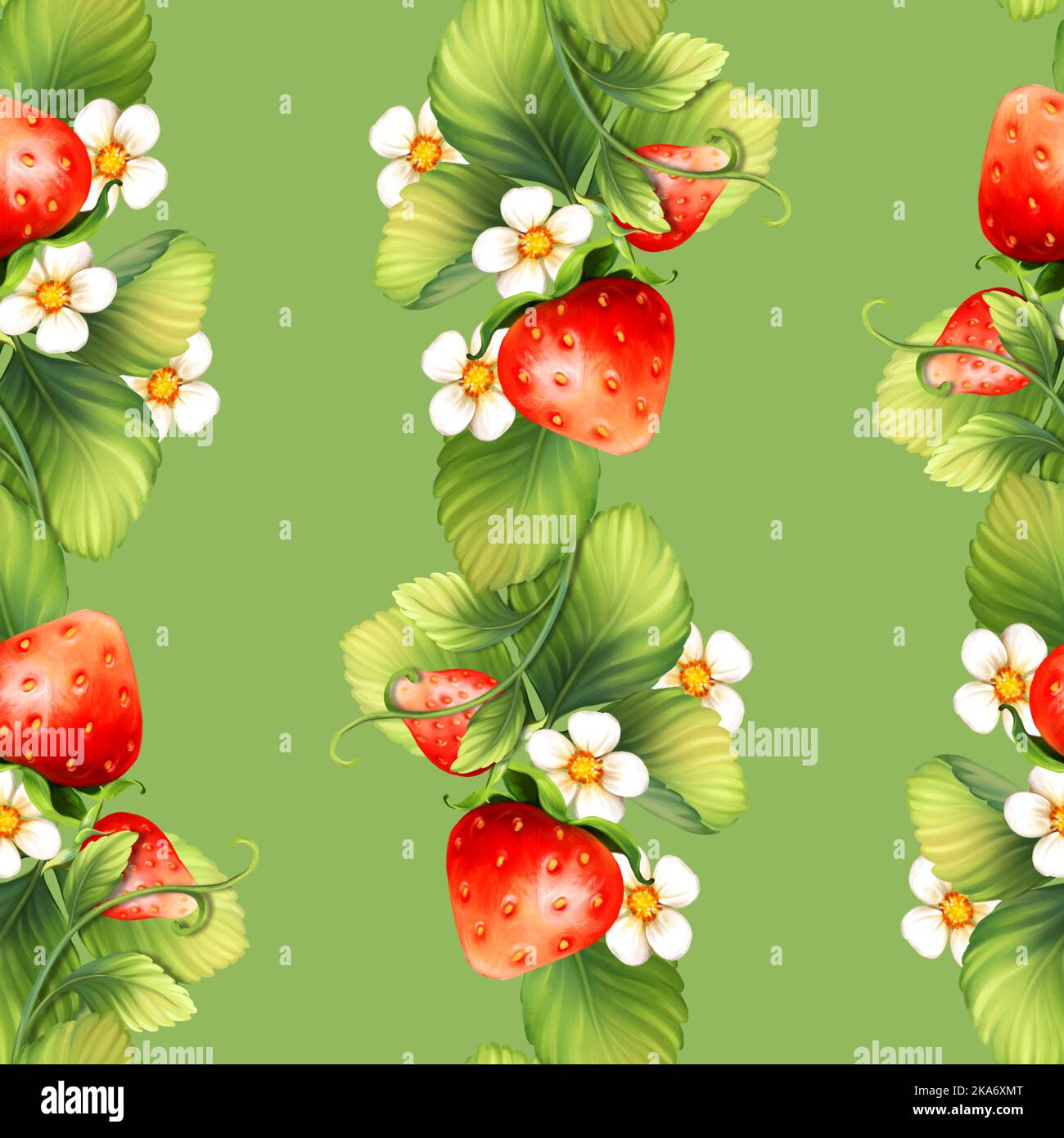 Strawberry background with flowers, wild berries, leaves. Seamless ...