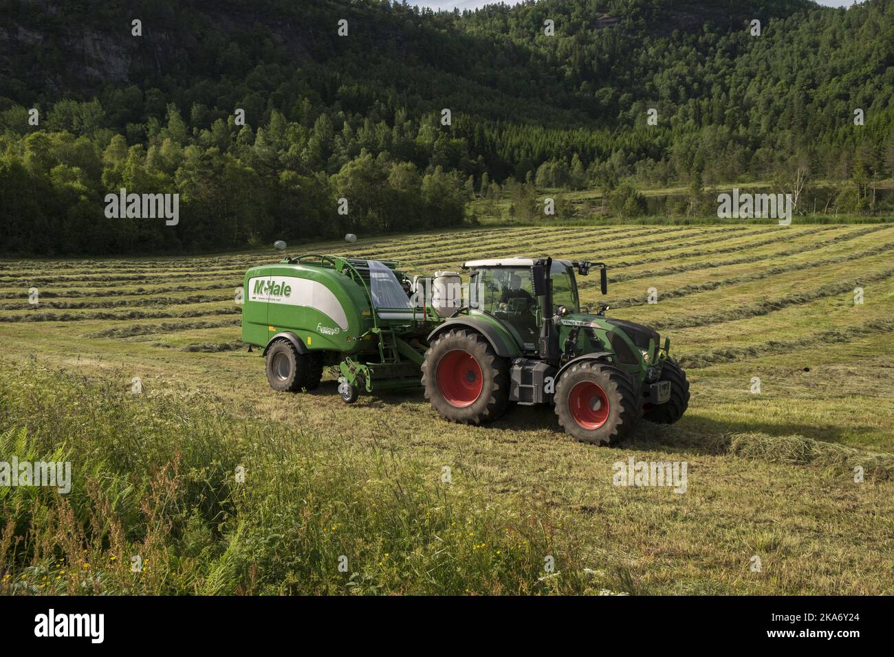 Audnedal, Norway 20170630. A hay baler mounted on the back of a tractor ...