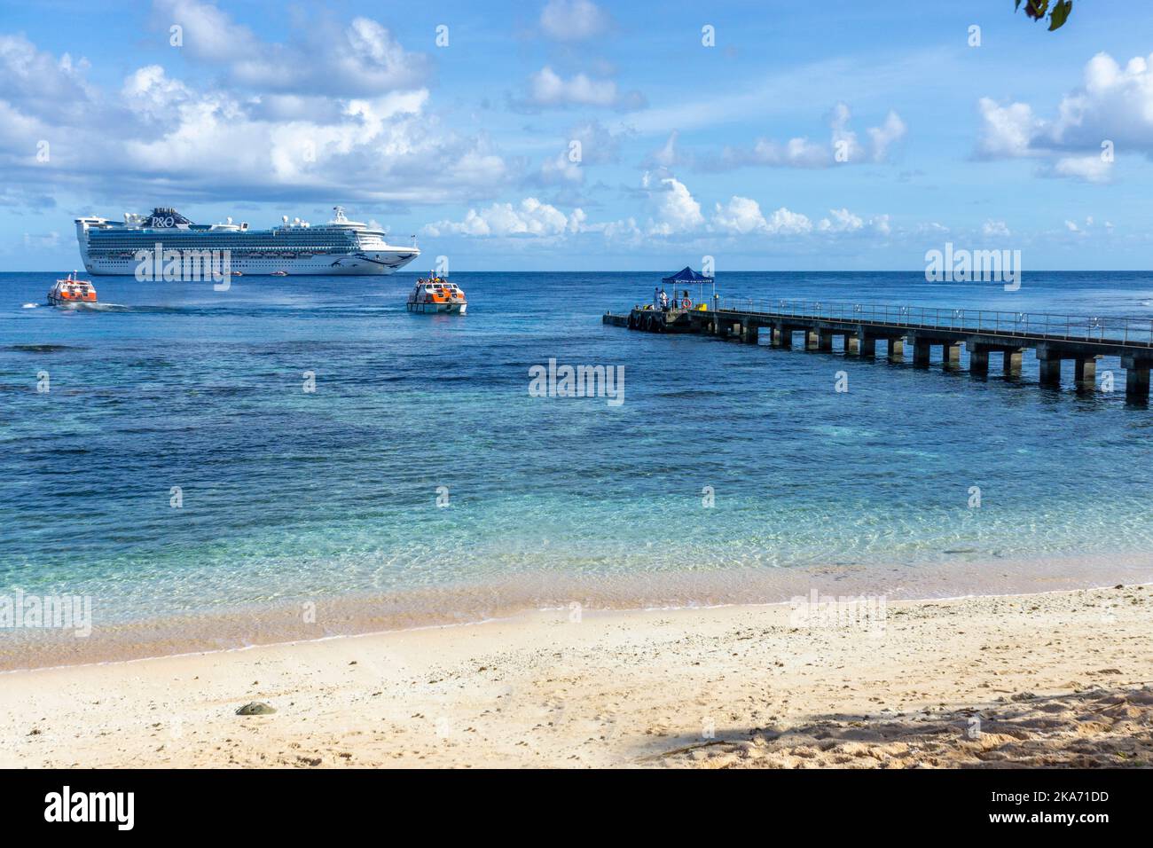 Passengers being transferred to jetty by small tenders from cruise ...
