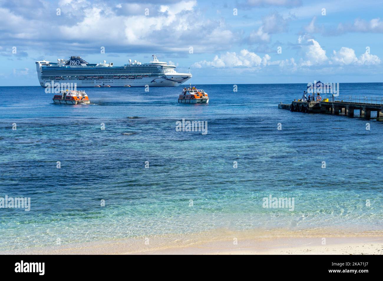 Passengers being transferred to jetty by small tenders from cruise ...