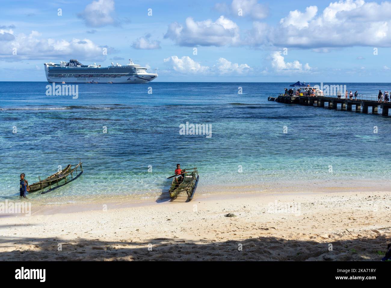 Passengers being transferred to jetty by small tenders from cruise ...
