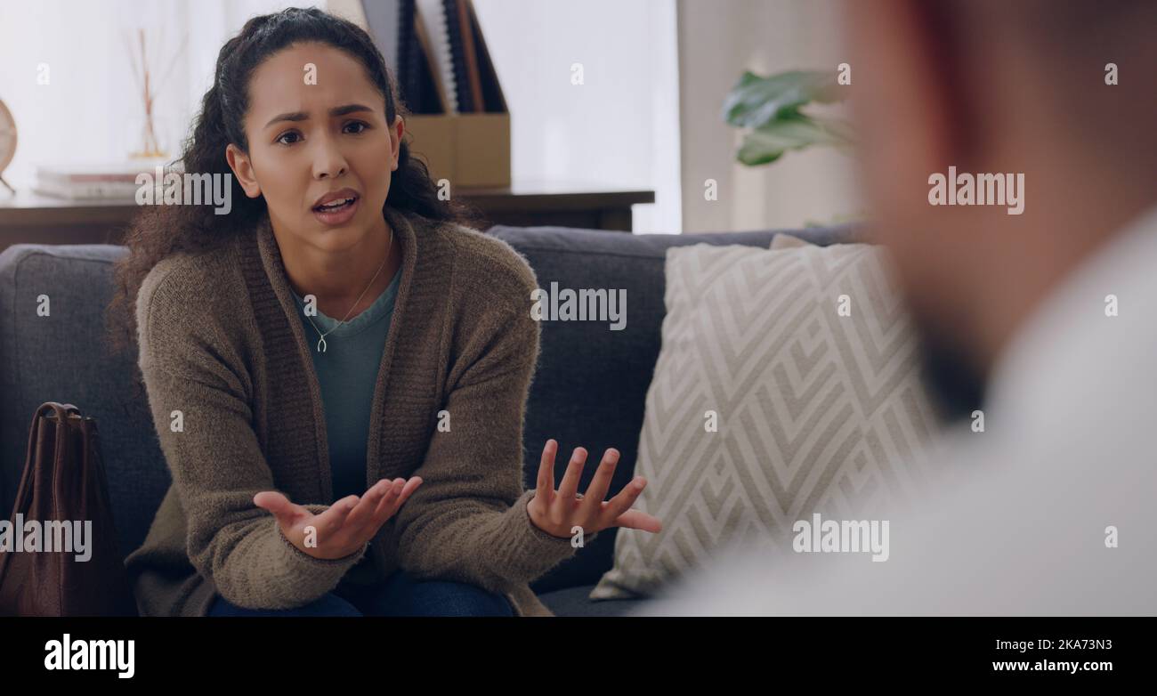 Therapy, mental health and woman talking to a therapist about stress ...