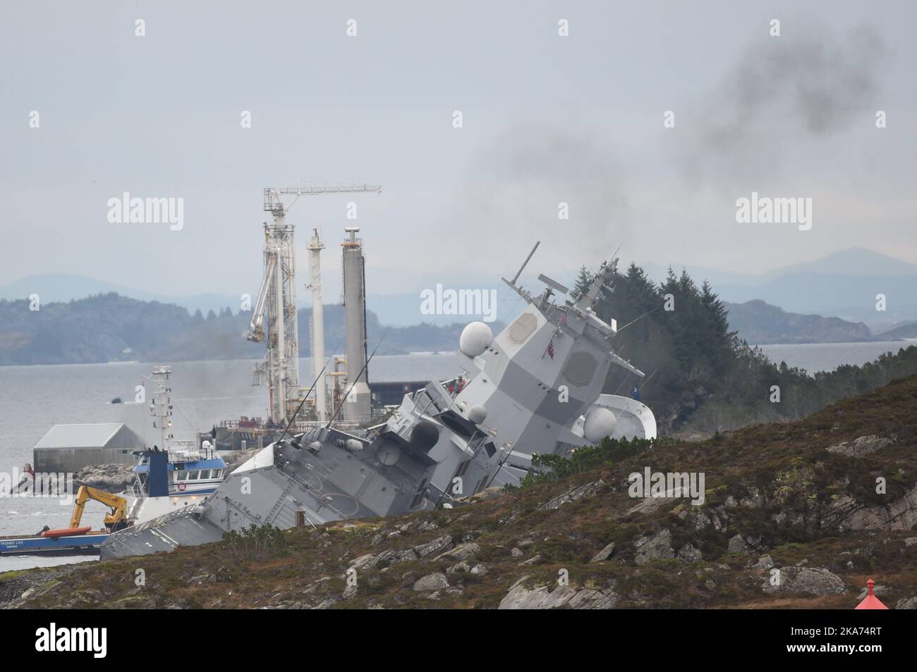 Oygarden 20181108. The frigate KNM Helge Ingstad is evacuated and is in ...