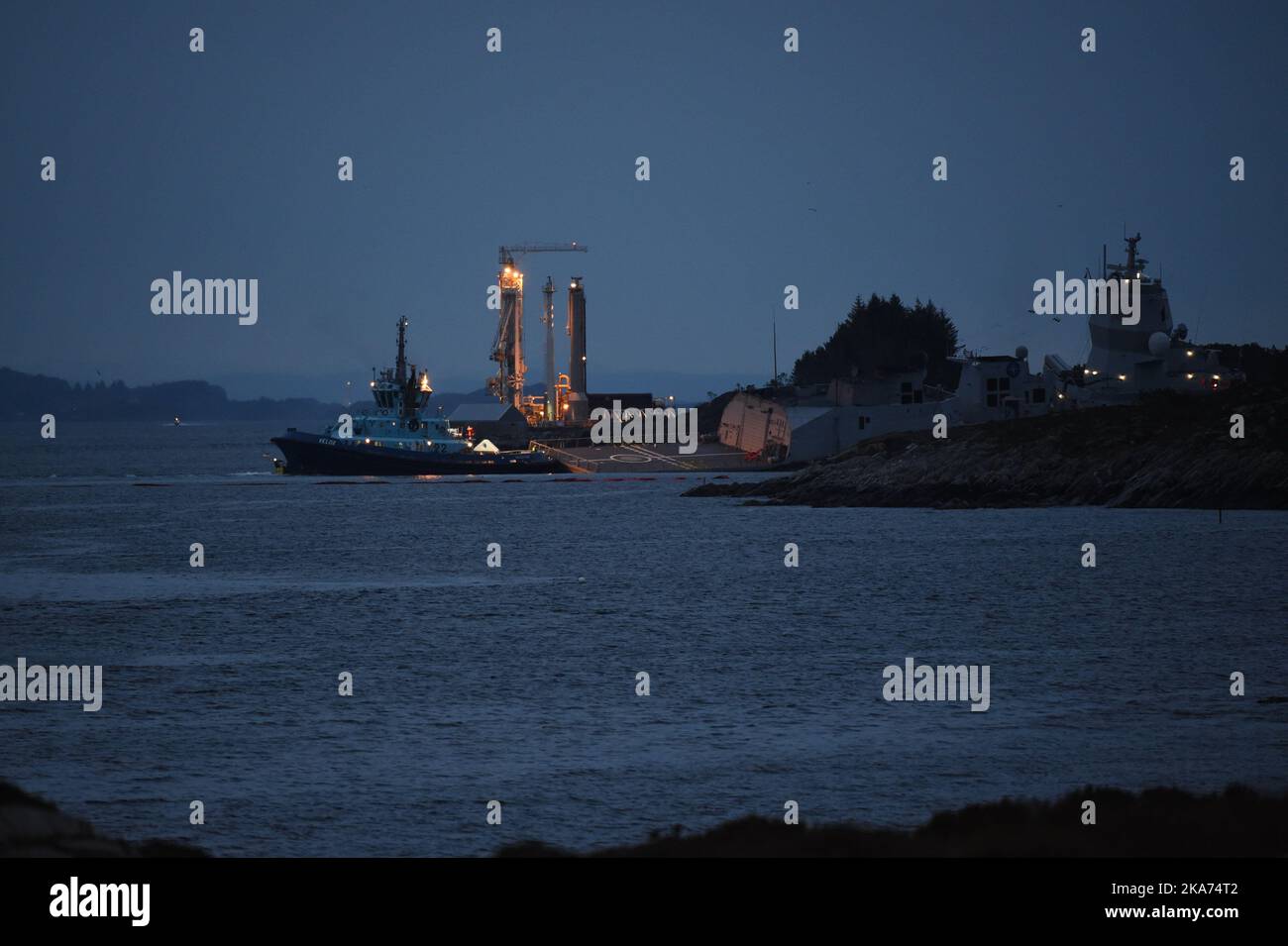 Oygarden 20181108. The frigate KNM Helge Ingstad is evacuated and is in ...