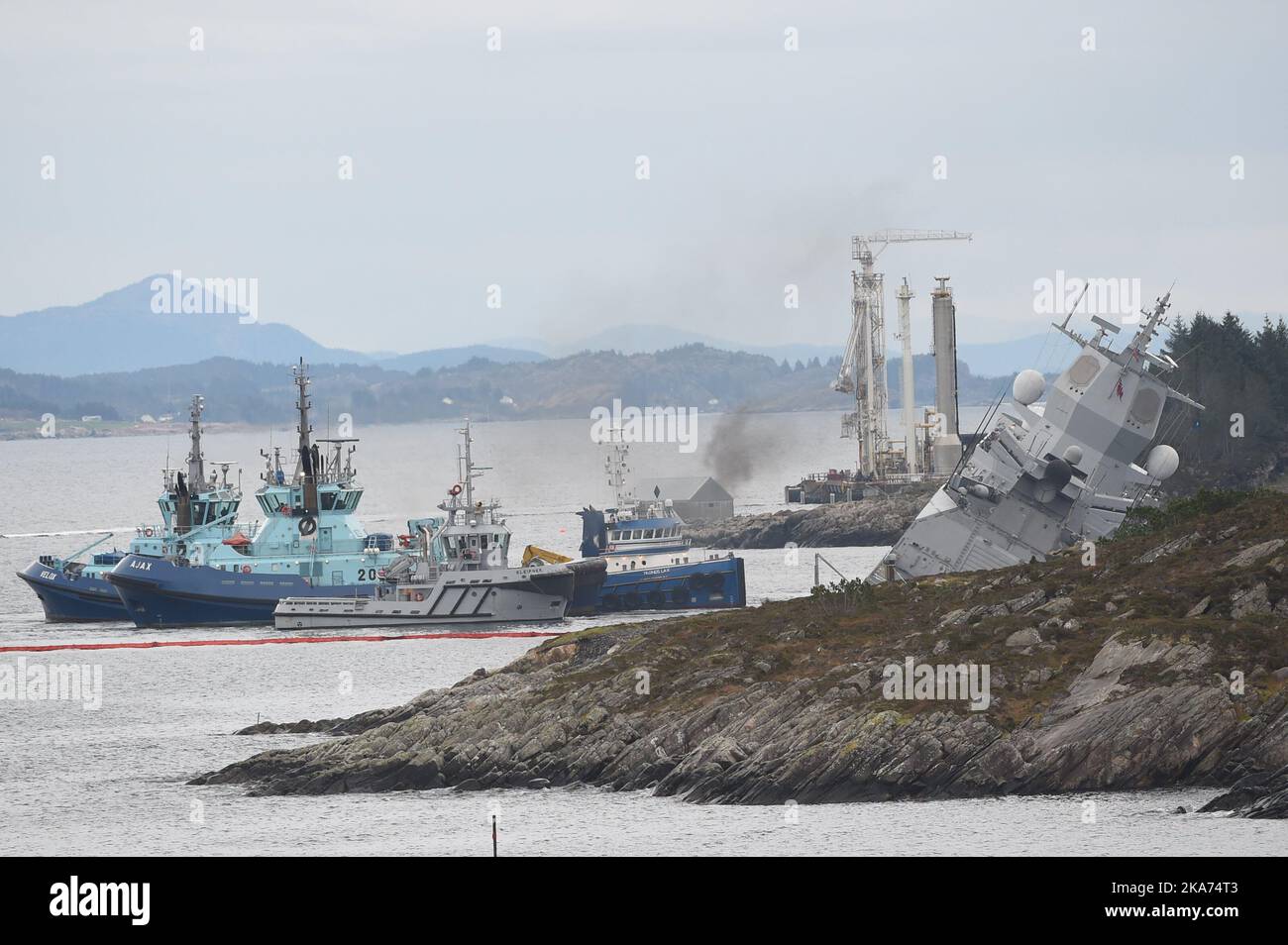 Oygarden 20181108. The frigate KNM Helge Ingstad is evacuated and is in ...