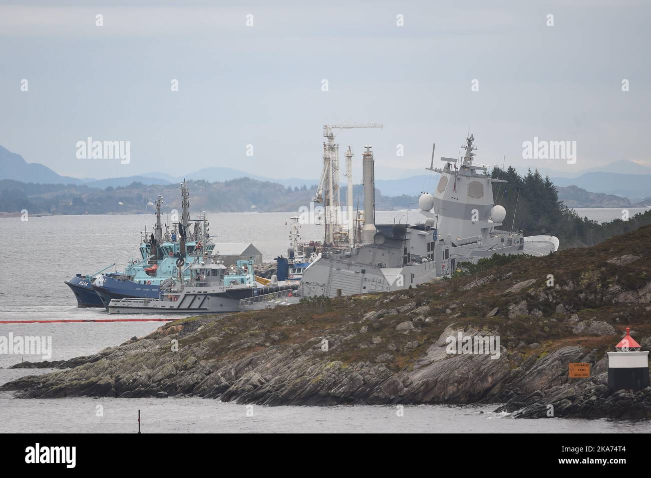 Oygarden 20181108. The frigate KNM Helge Ingstad is evacuated and is in ...