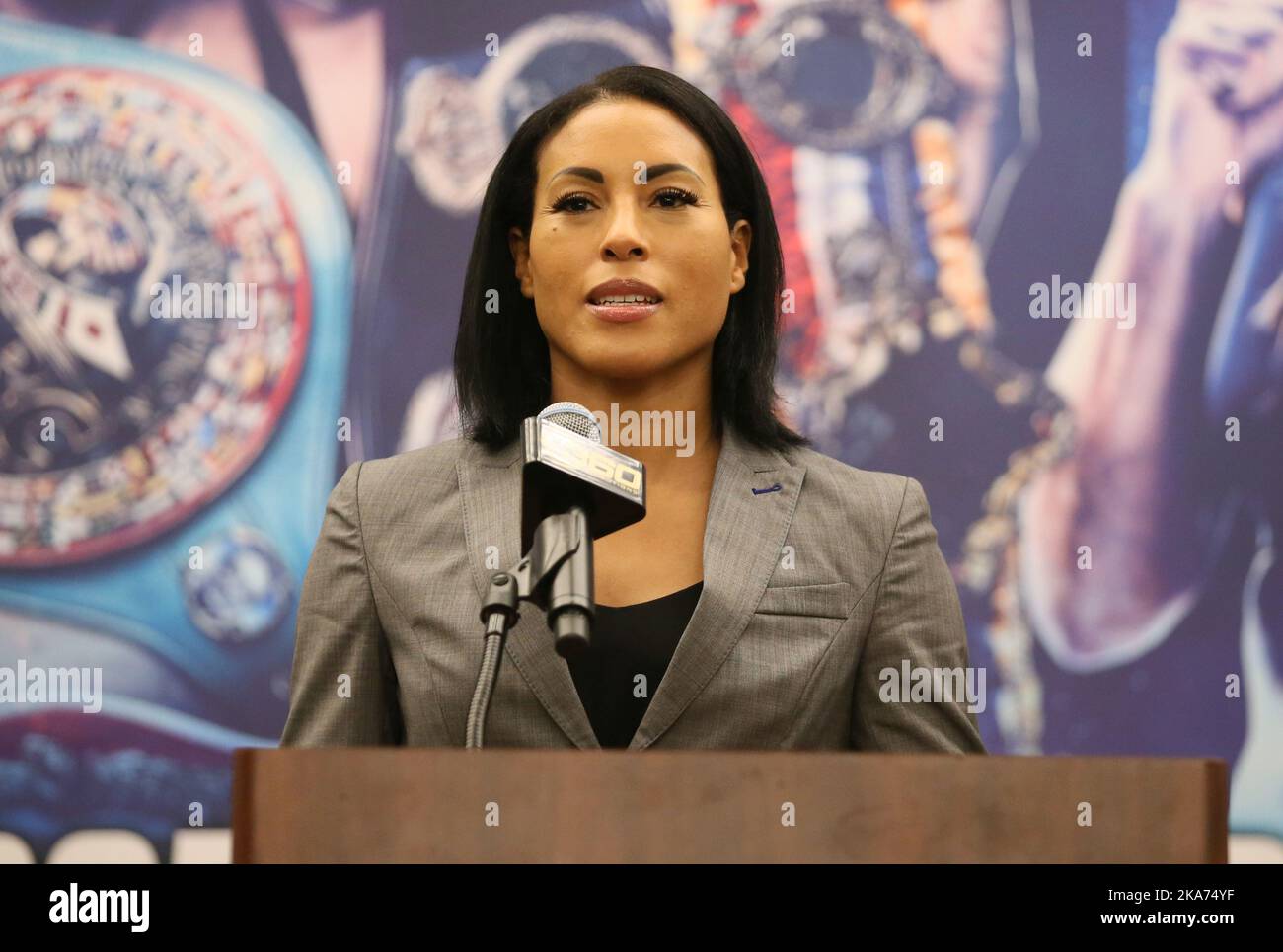 Los Angeles, USA 20181206. Boxer Cecilia Braekhus speaks at a press ...