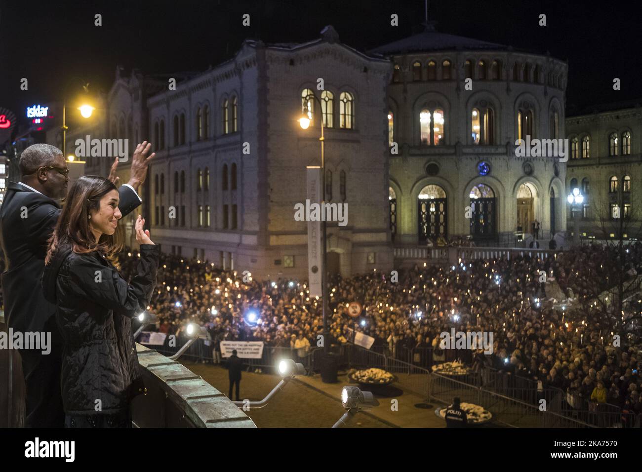 Nobel Peace Prize laureates Dr. Denis Mukwege and Nadia Murad wave to ...