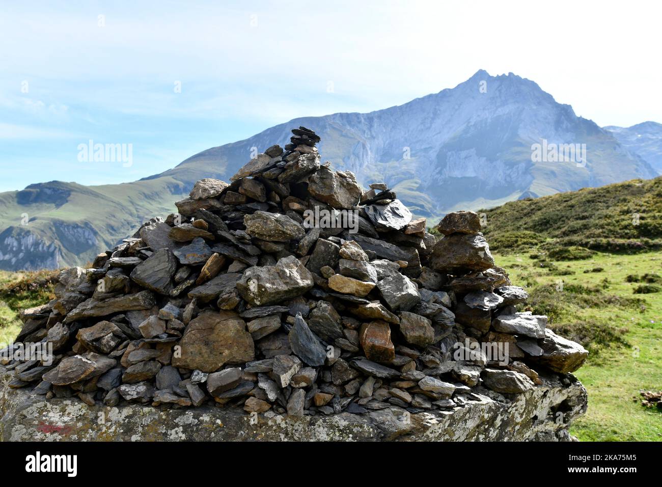 Rock stacking on Col du Soulor in the pyrenees mountains bordering ...