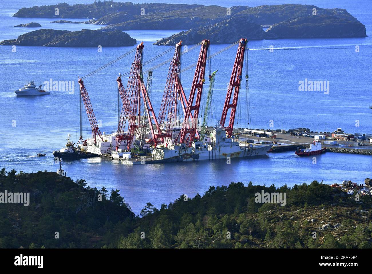 BERGEN, NORWAY 20190228. The wreck of the frigate KNM Helge Ingstad has ...